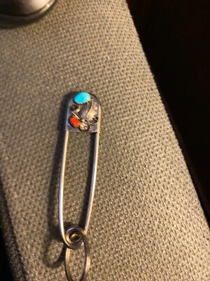 Silver & Turquoise w/ Coral Eagle Feather Navajo Safety Pin Key Ring | eBay