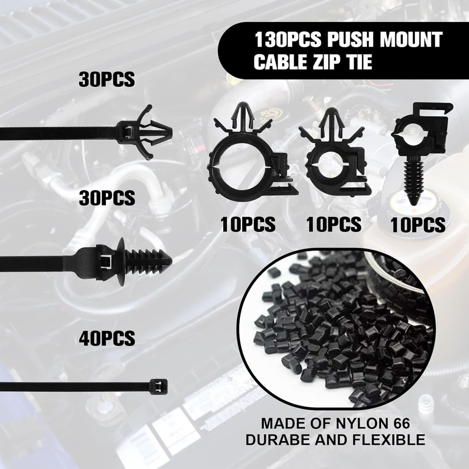 130 Pcs Push Mount Cable Ties Standard Zip Tie Car Wire Loom Black | eBay