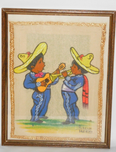 Vintage original Mini Mariachi Band Tijuana Street Art straw matted ...