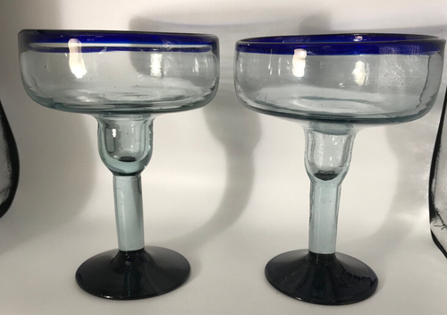 Set of 2 Mexican Hand Blown Margarita Glasses Barware Cobalt Blue Rim ...
