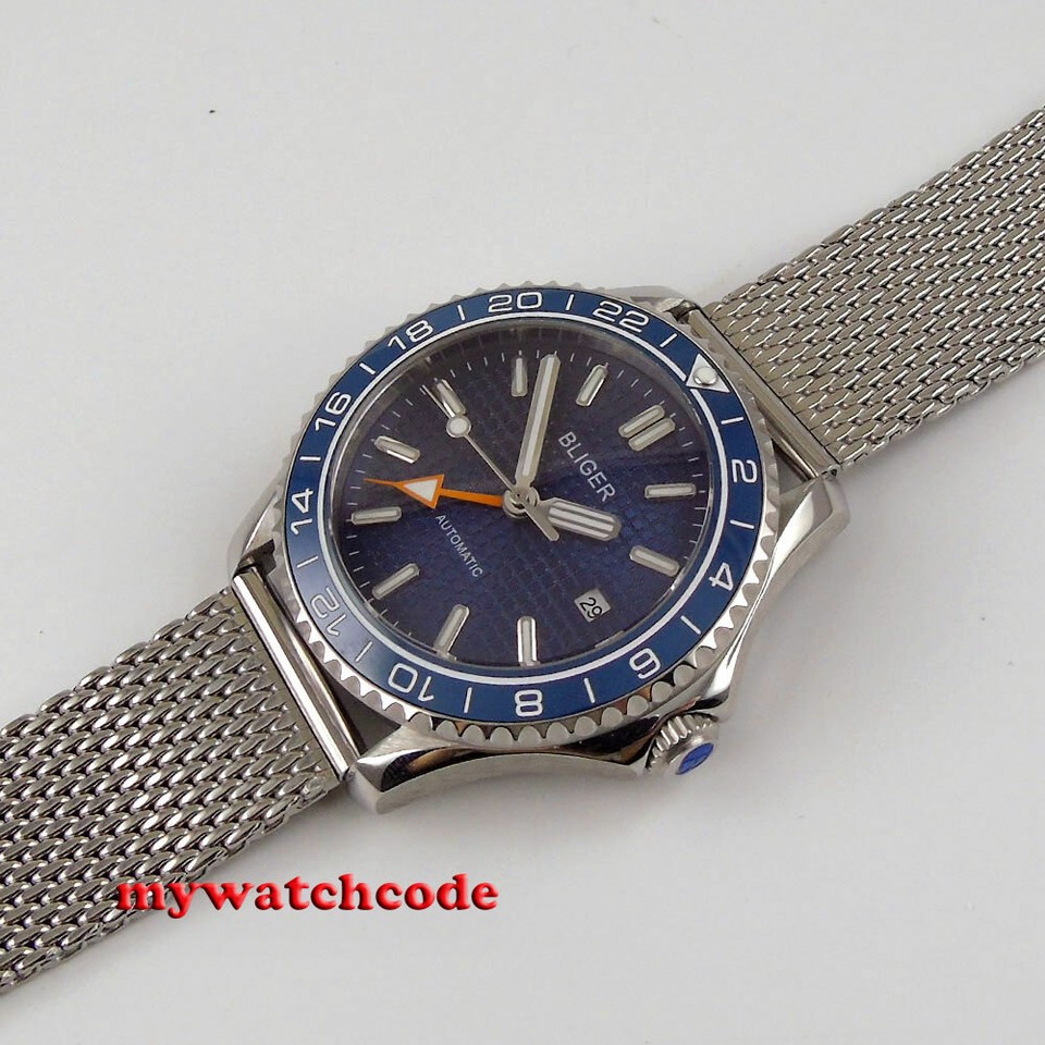 41mm bliger blue dial Sapphire glass GMT date automatic mens Watch ...