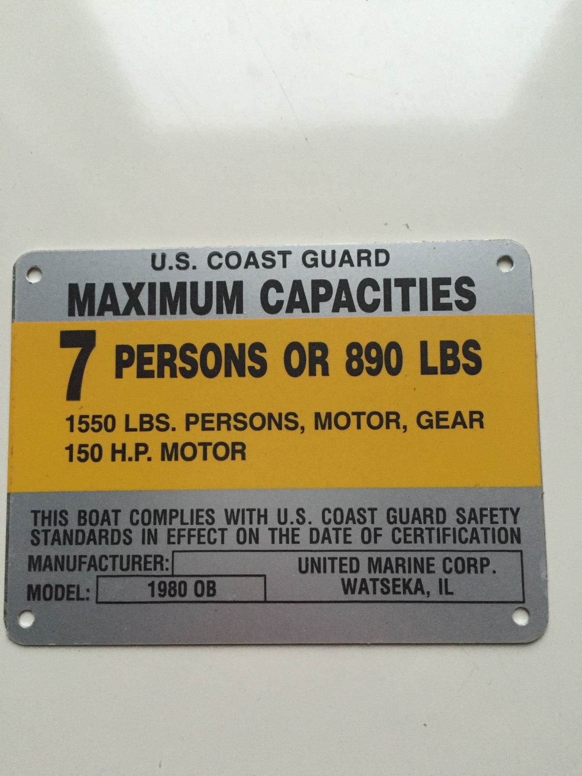 United Marine Corp Boat Capacity Plate~Tag 7 Person or 890 Lbs~Genesis ...