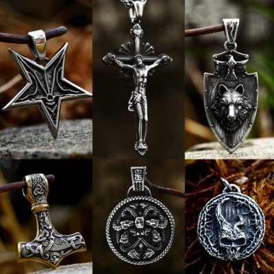 Men's Silver Viking Wolf / Skull / Jesus Cross Pendant Necklace ...