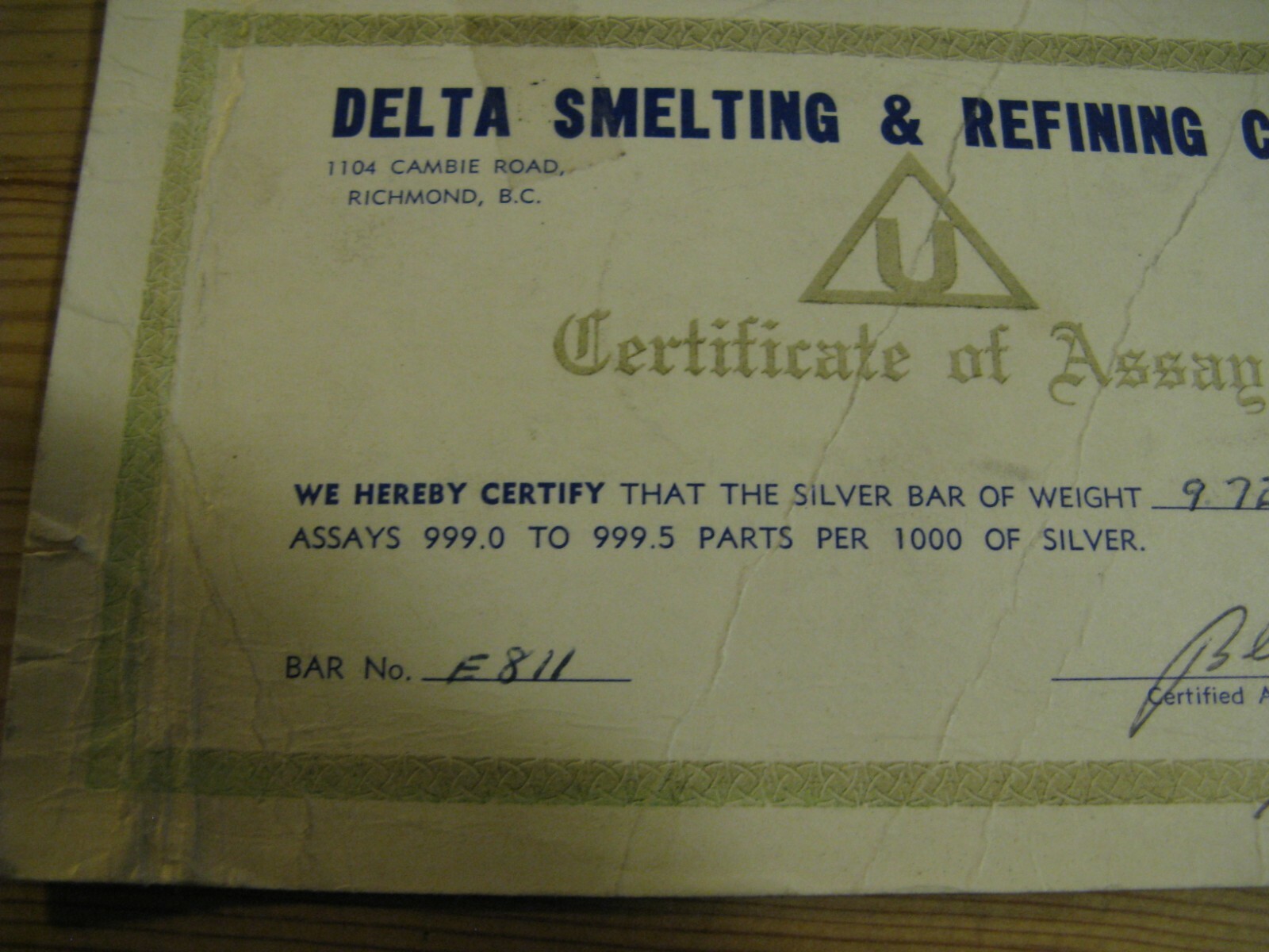 Vintage Delta Smelting & Refining Assay Certificate for Silver Bar 9. ...