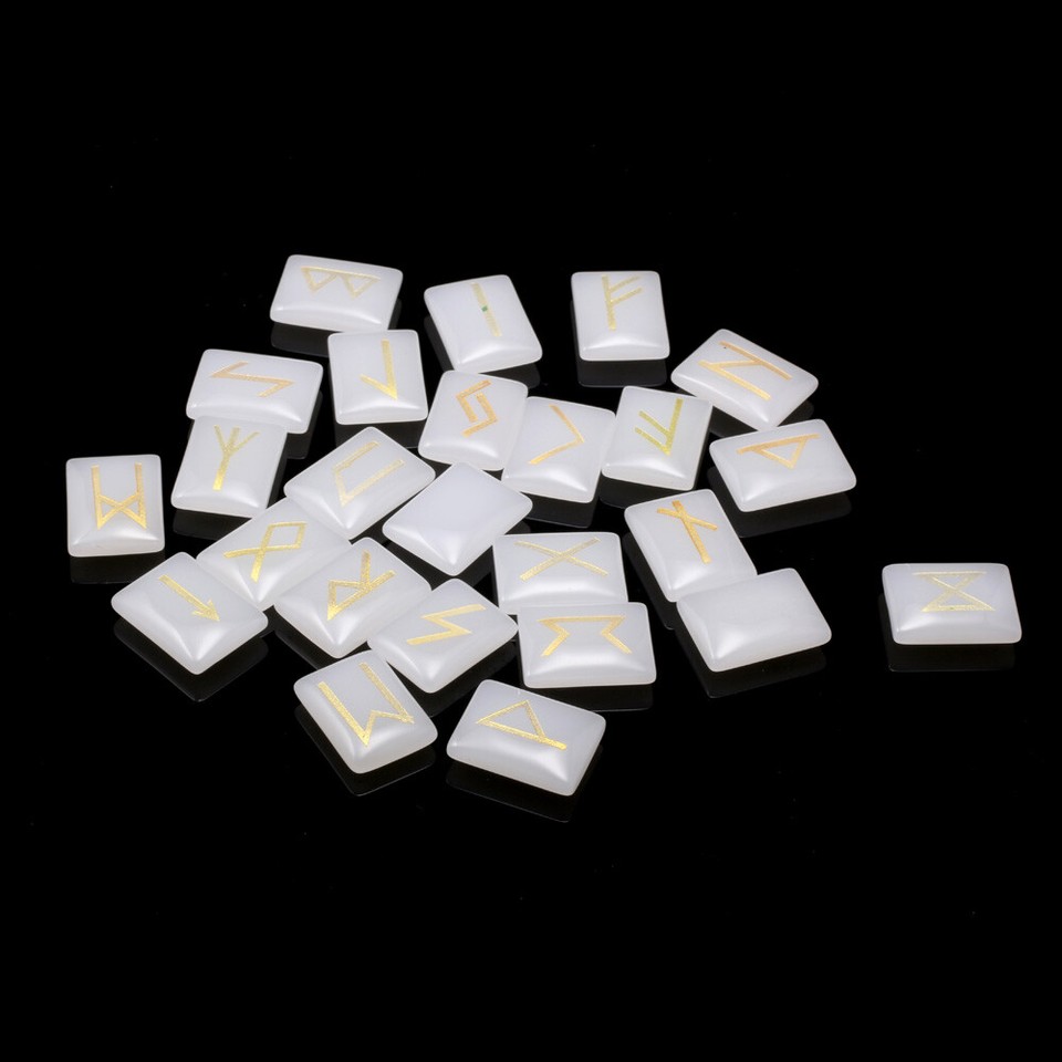 25pcs/lot Rectangle Natural Stone White Jade Viking Runes Amulet Set ...