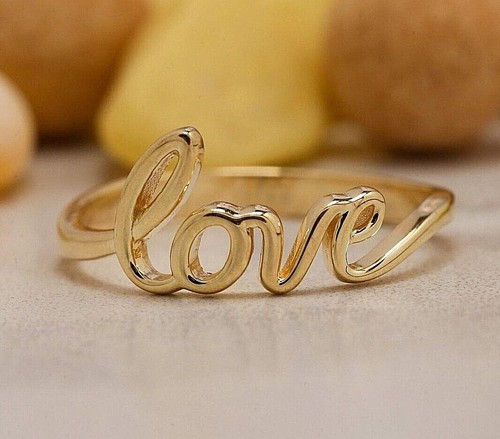 Real 14K Solid Gold Love Ring, Script Love Ring, Dainty Love Ring | eBay