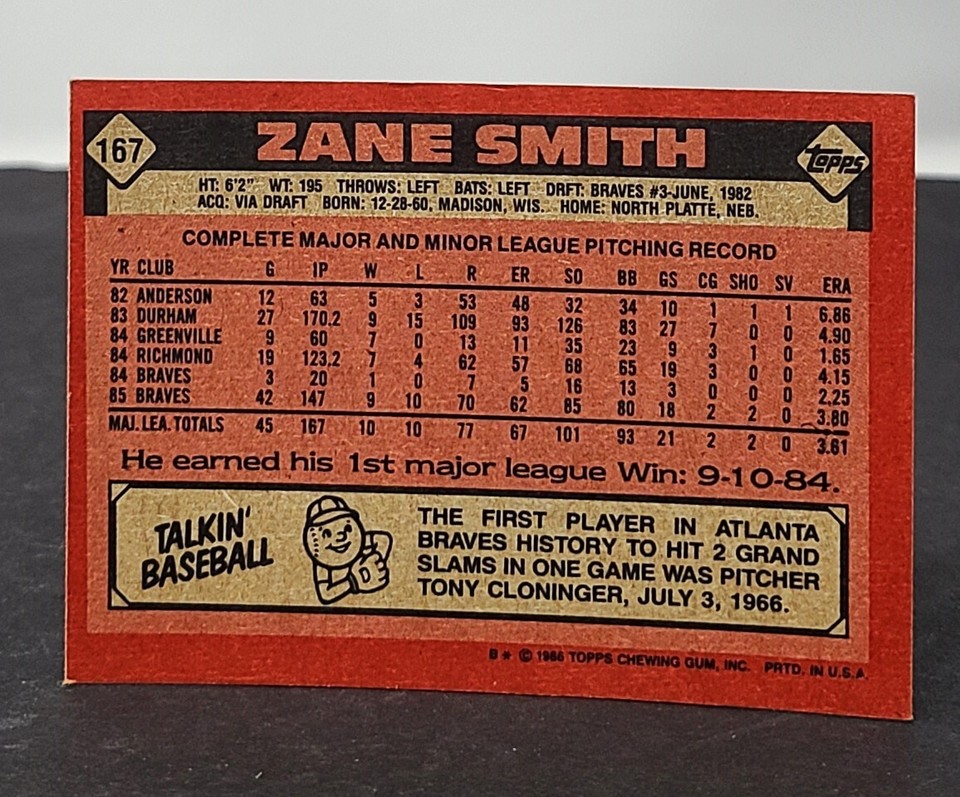 ZANE SMITH Signed Autograph 1986 Topps Baseball Card #167 Atlanta ...