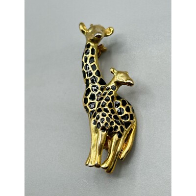 Two Giraffes Brooch Vintage Gold Tone & Black Enamel Figural Pin Animal ...