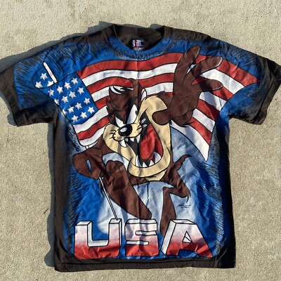 Vintage Taz USA Flag Unlimited All Over Print T-Shirt Size XL Giant ...