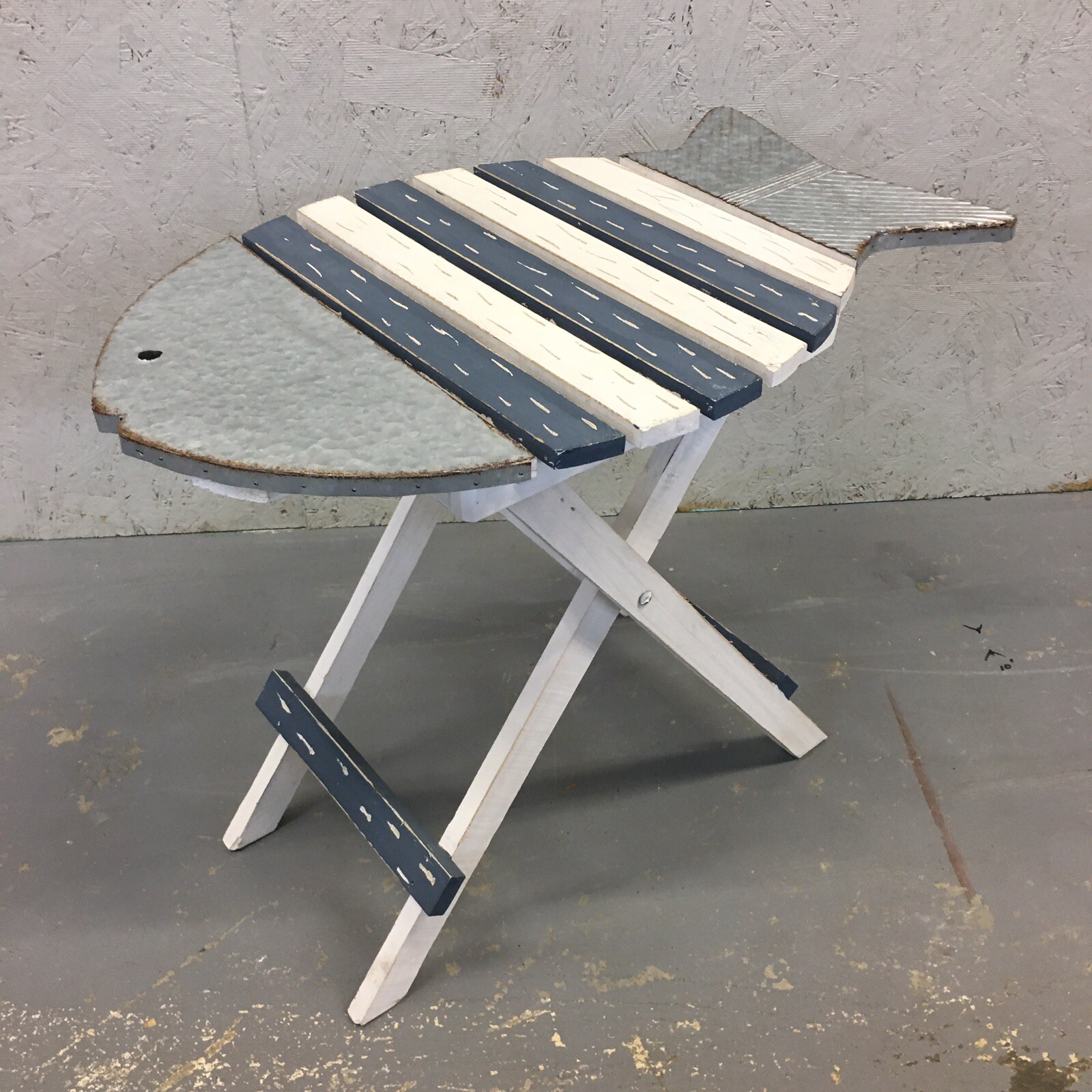 Folding Wood & Metal Fish Shaped Table Blue White Coastal Beach House ...
