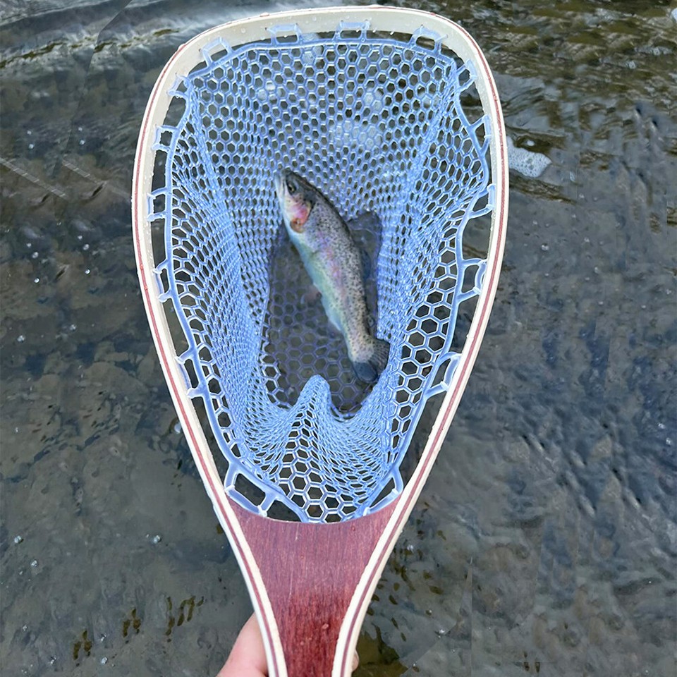 Fly Fishing Landing Net Wooden Frame Trout Fishing Net Soft Rubber Mesh ...