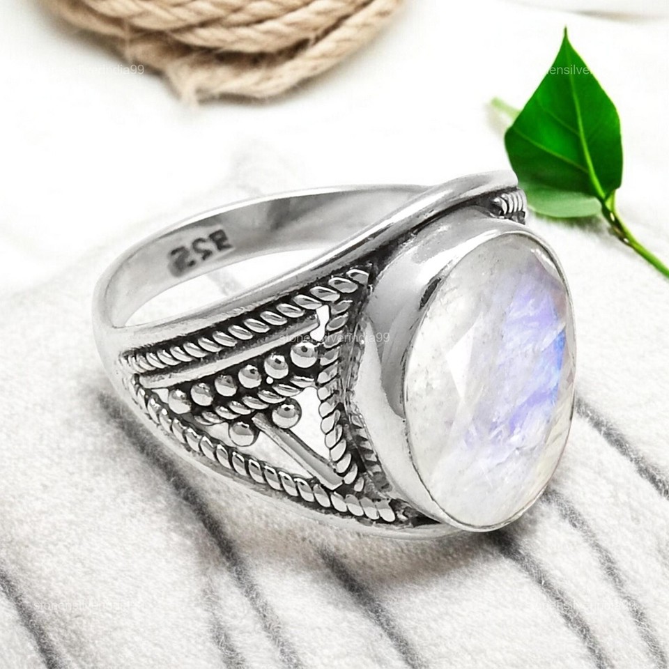 925 Solid Silver Rainbow Moonstone Gemstone Band Bezel Engagement Ring ...