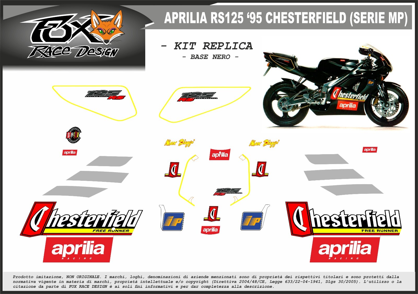 ADESIVI stickers moto KIT per APRILIA RS 125 1995 chesterfield serie mp ...
