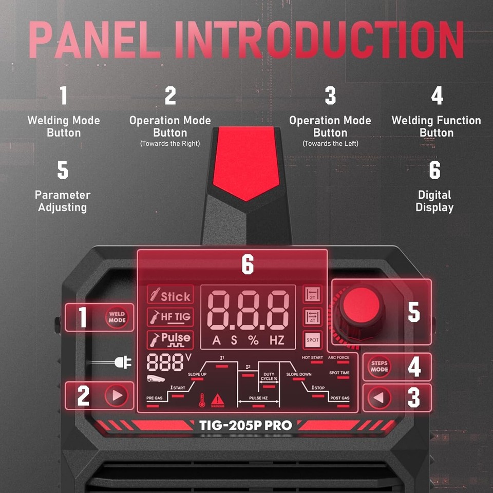 YESWELDER TIG Welder With Pulse 205Amp Large LED Display, STICK/DC TIG ...