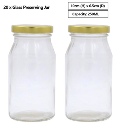 20 x Glass Conserve Jar Gold Lid Screw Top Jam Lolly Preserving Storage ...