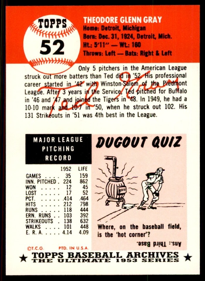 1991 Topps Archives 1953 Ted Gray . Detroit Tigers #52 | eBay