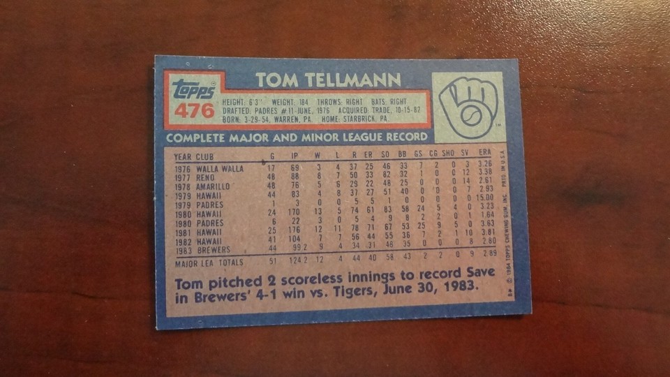 1984 TOPPS # 476 TOM TELLMANN BASEBALL CARD | eBay