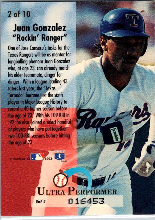 1993 Fleer Ultra Juan Gonzalez Ultra performer Card #2 Texas Rangers | eBay