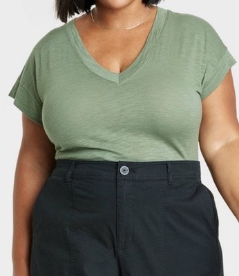 Womens Olive Green Ava & Viv Slub V-Neck Short Sleeve T-Shirt Plus Size ...