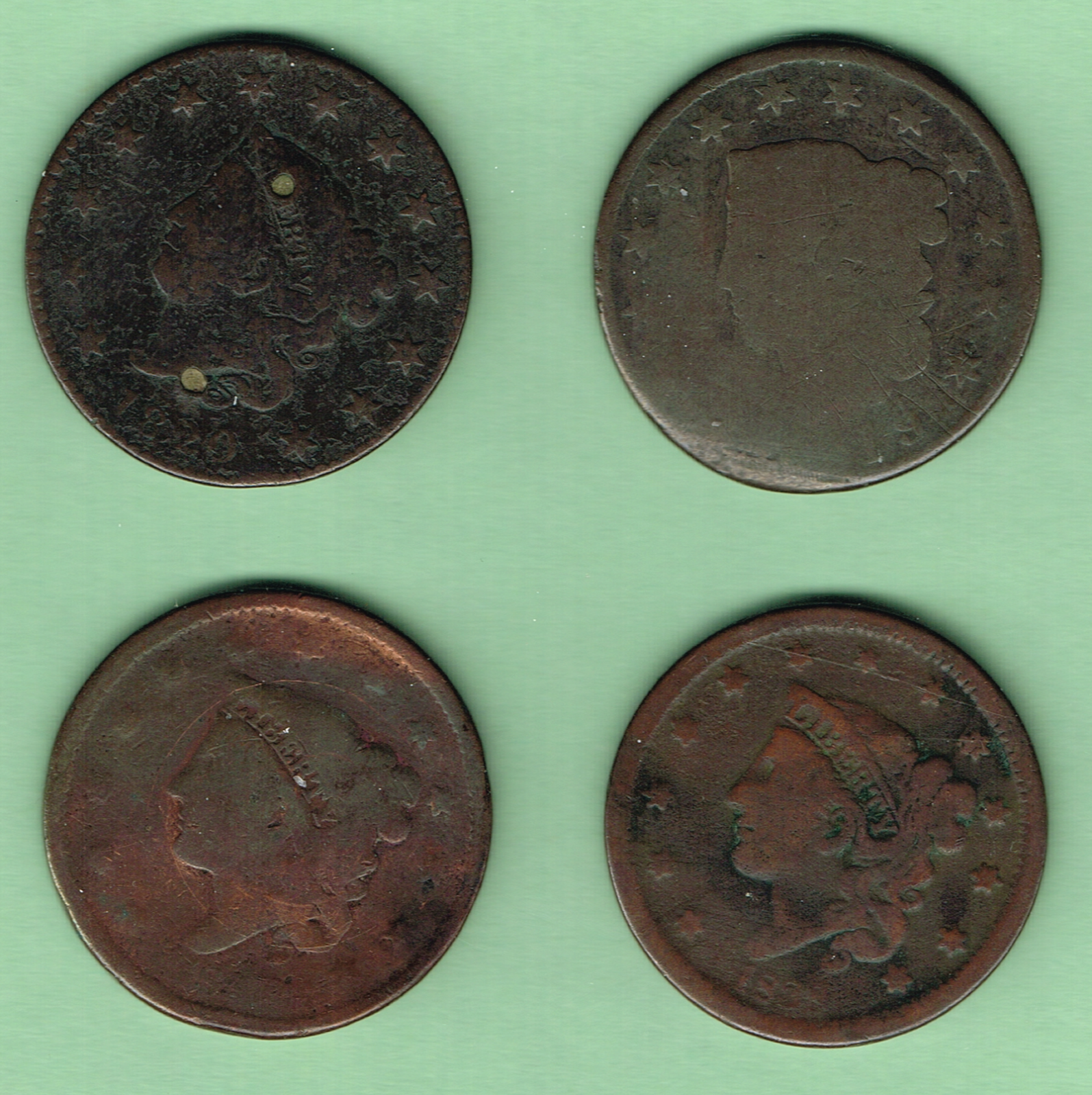 4 US Coronet Large Cents lot group 1819, 1820, 183?, 1838 LOW Grade ...