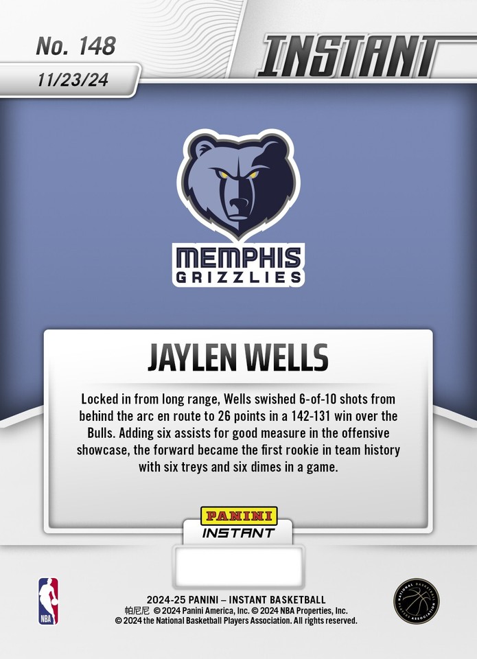 2024-25 Panini Instant NBA Jaylen Wells ROOKIE CARD 1/177 SP Grizzlies ...