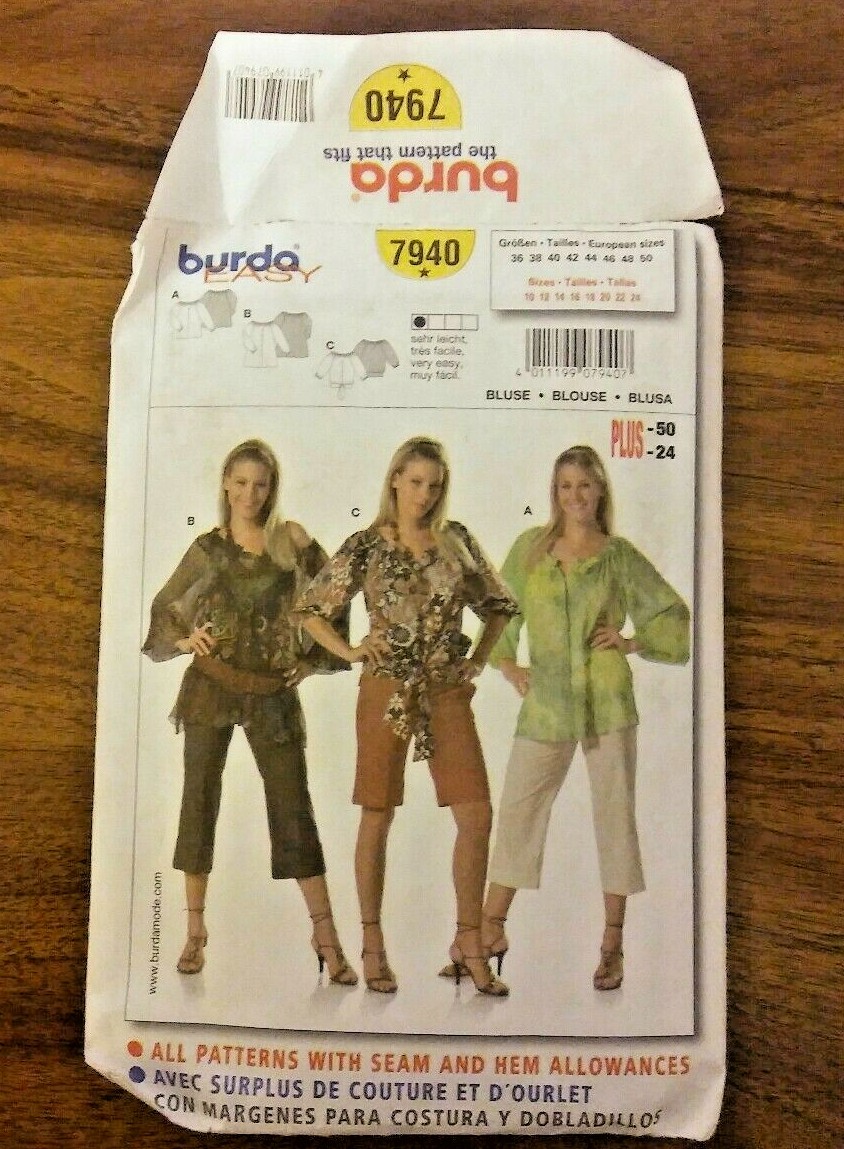 Burda 7940 Womens Misses 10-24 Blouse button up raglan sleeves loose ...