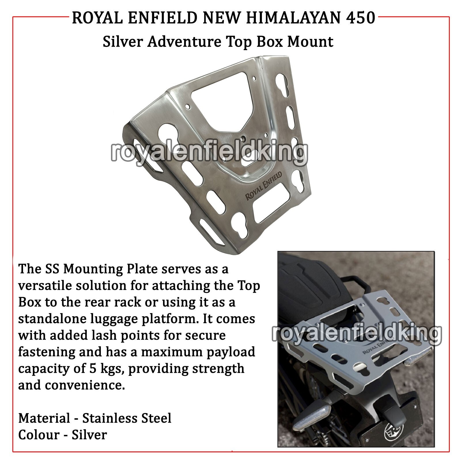 "SILVER ADVENTURE TOP BOX MOUNT" Fit For Royal Enfield New Himalayan ...