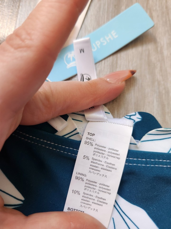 NWT Cupshe High Rise Bikini Swim Bottoms Blue White Tropical Scallop ...