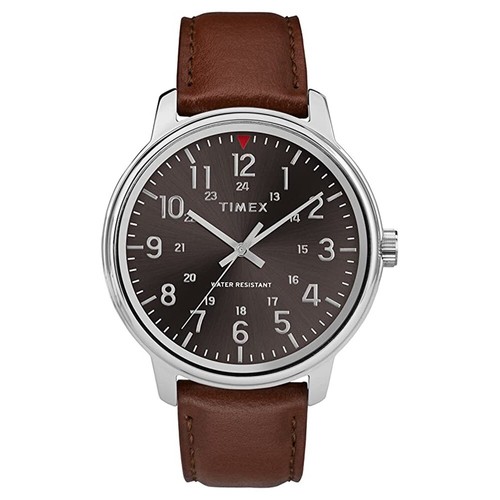 Timex Mens Classics 43mm Silver Case Mineral Glass Brown Leather Strap ...