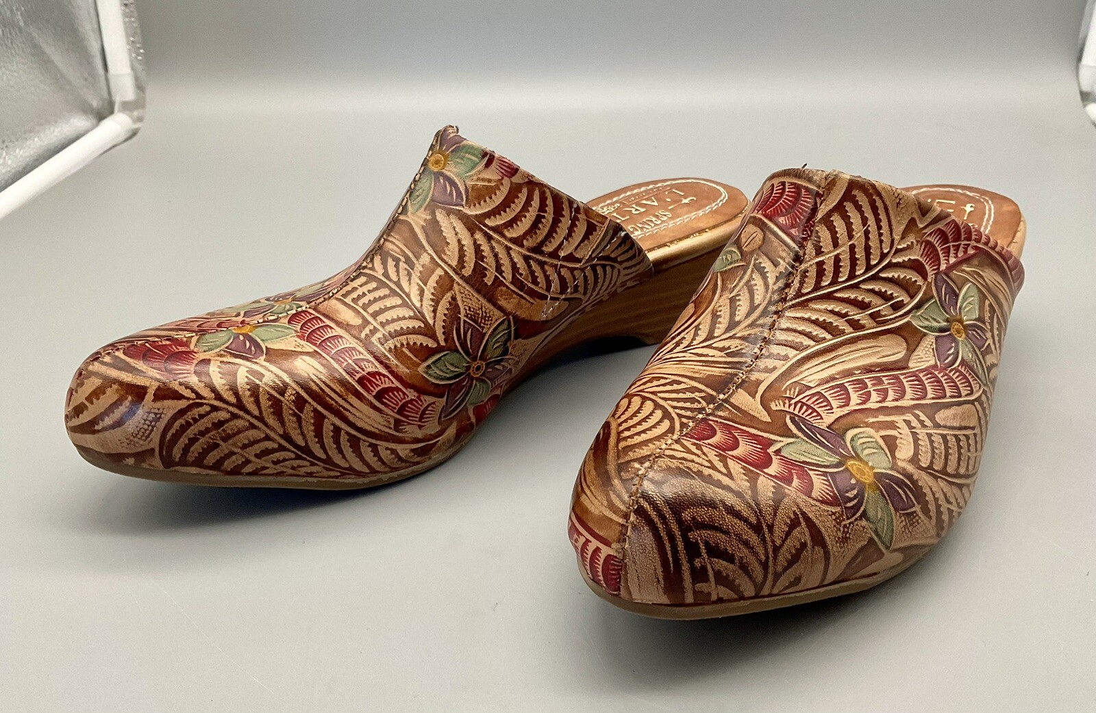 L'Artiste Spring Step Oda Women's Tooled Leather Floral Mules Women’s ...