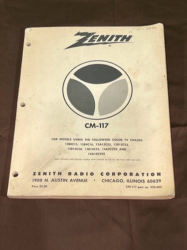 Vintage ZENITH Television CHASSIS CM-117 Tube TV REPAIR Service MANUAL ...