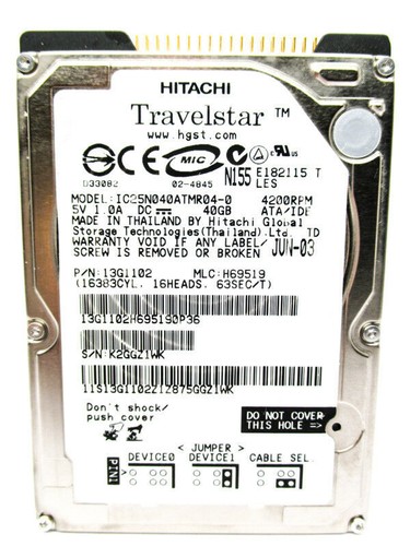 Hitachi 40GB IC25N040ATMR04 IDE 13G1102 Laptop H69519 HardDrive WIPED ...
