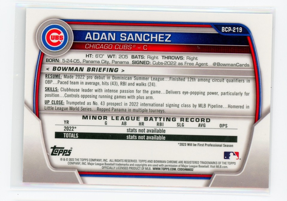 2023 Bowman Chrome Adan Sanchez #BCP-219 Chrome Mojo Refractor Chicago ...