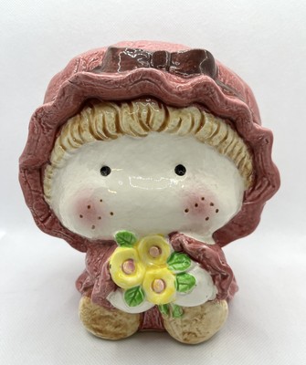 Vintage Kotobuki pink ceramic coin bank girl with flowers bonnet bow no ...