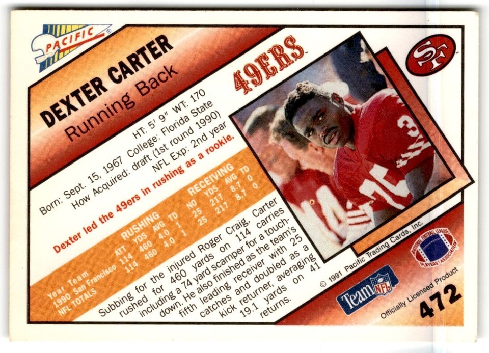 1991 Pacific Dexter Carter San Francisco 49ers #472 | eBay