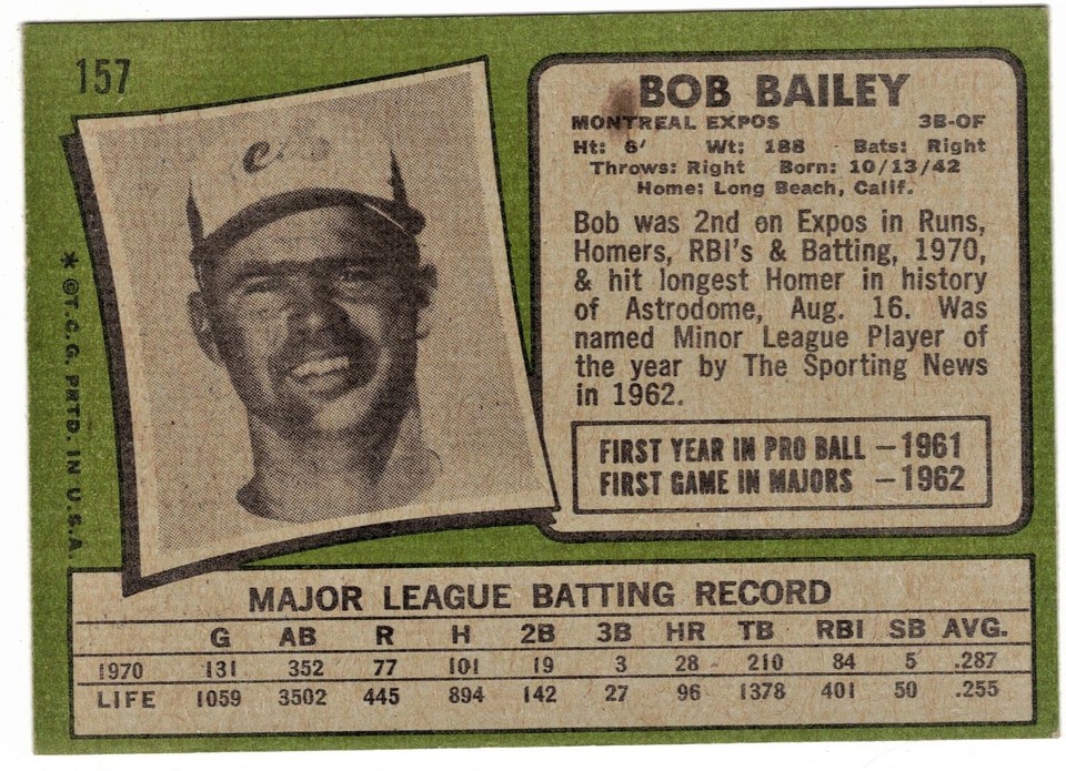Bob Bailey 1971 Topps Montreal Expos card #157 (ex+) A | eBay