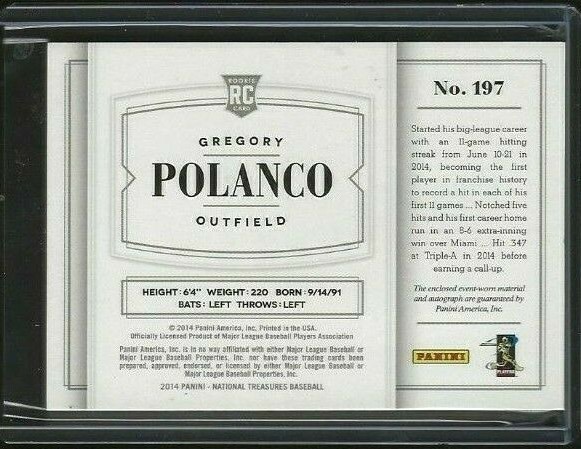 Gregory Polanco 2014 National Treasures Auto Patch #d /99 RC RPA ...