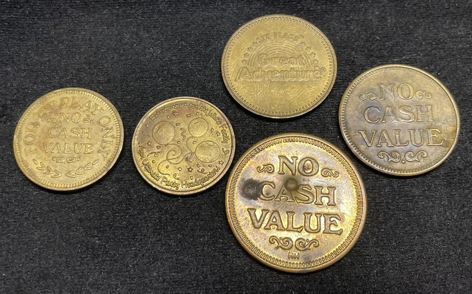 Arcade Tokens - Lot Of 5- Mixed Tokens-Six Flags, Namco, Galaxy, “NO ...