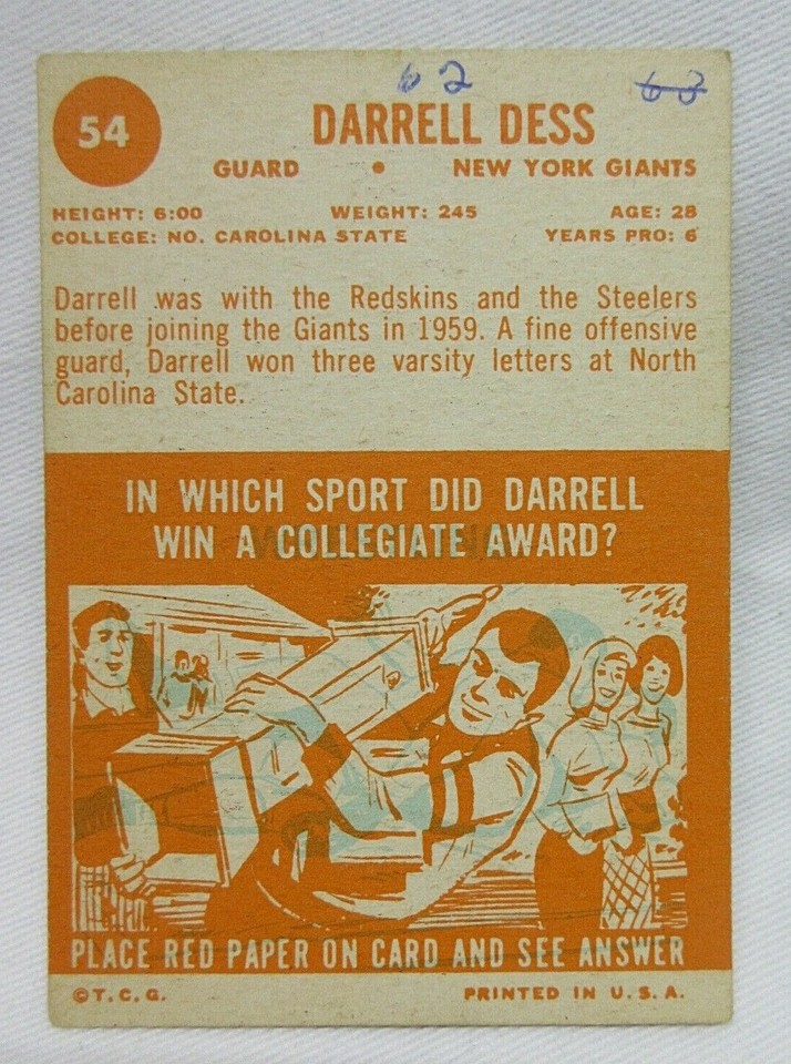 1963 Topps #54 Darrell Dess Giants AUTOGRAPH ON CARD BALLPOINT AUTO ...
