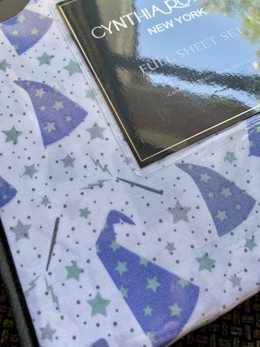 Cynthia Rowley Blue White Magician Hat Merlin Wand Magic FULL Sheet 4 ...