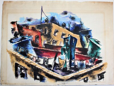 LEO RUSSELL 1917-1985 ANTIQUE WATERCOLOR ON PAPER SIGNED 1935 ABSTRACT ...