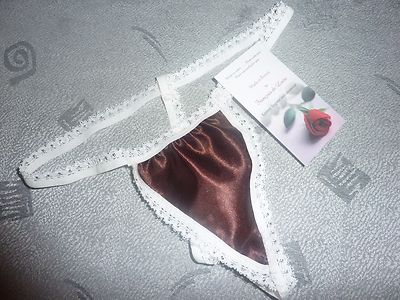 BROWN shiny SATIN mini MICRO G STRING ivory lace Made in France Sexy ...