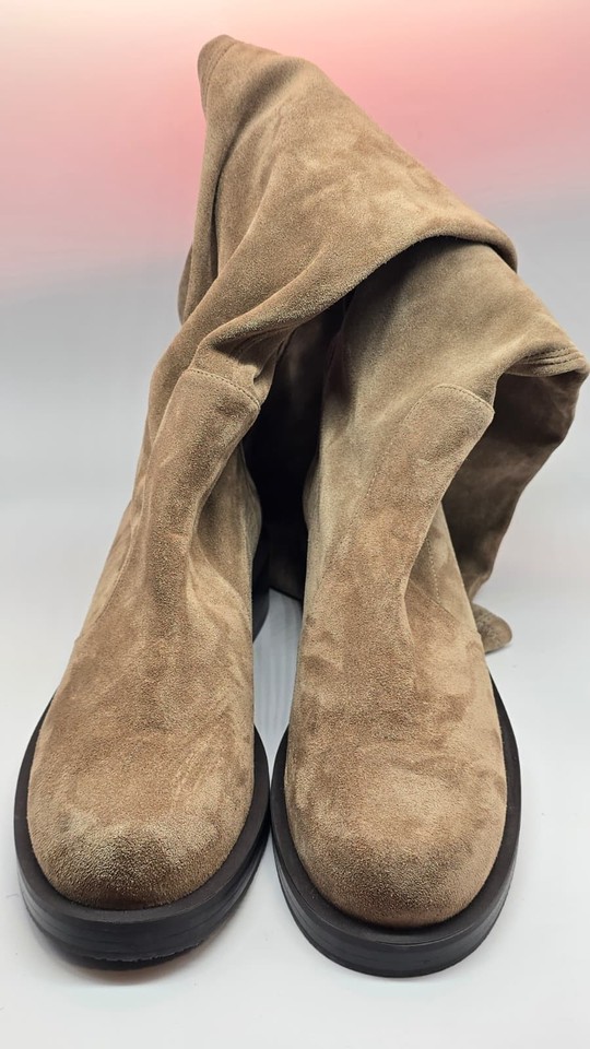 $389 Stuart Weitzman Mercer Bold SW Logo Slouch Boots Women's Beige ...