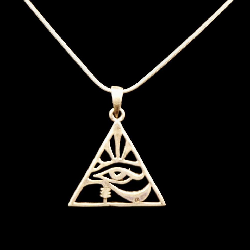 Antique Egyptian Silver Pendant Necklace Chain Eye of Horus & Pyramids ...