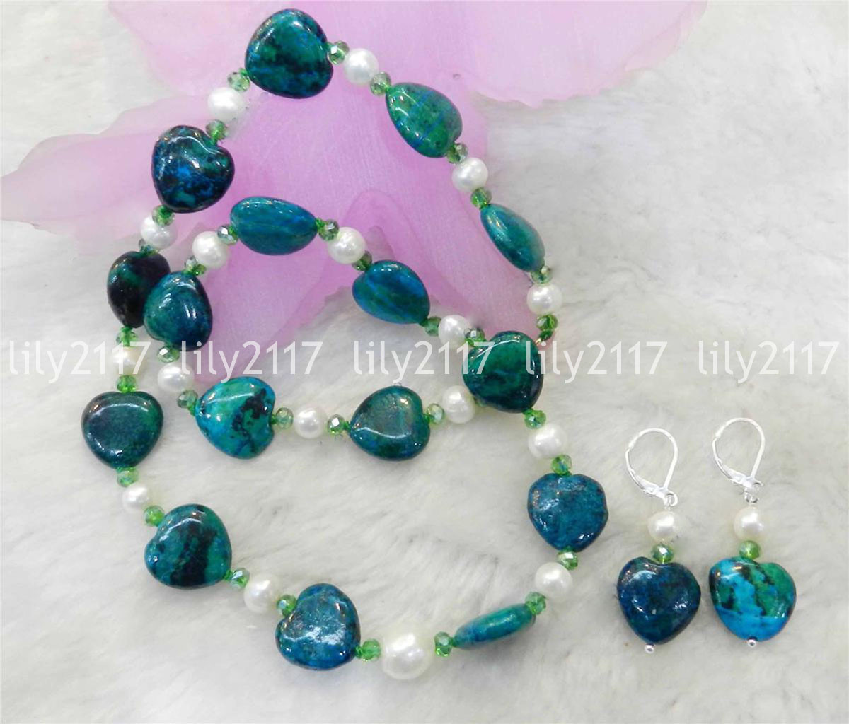 15mm Heart blue Azurite Phoenix Gems White Cultured Pearl Necklace ...