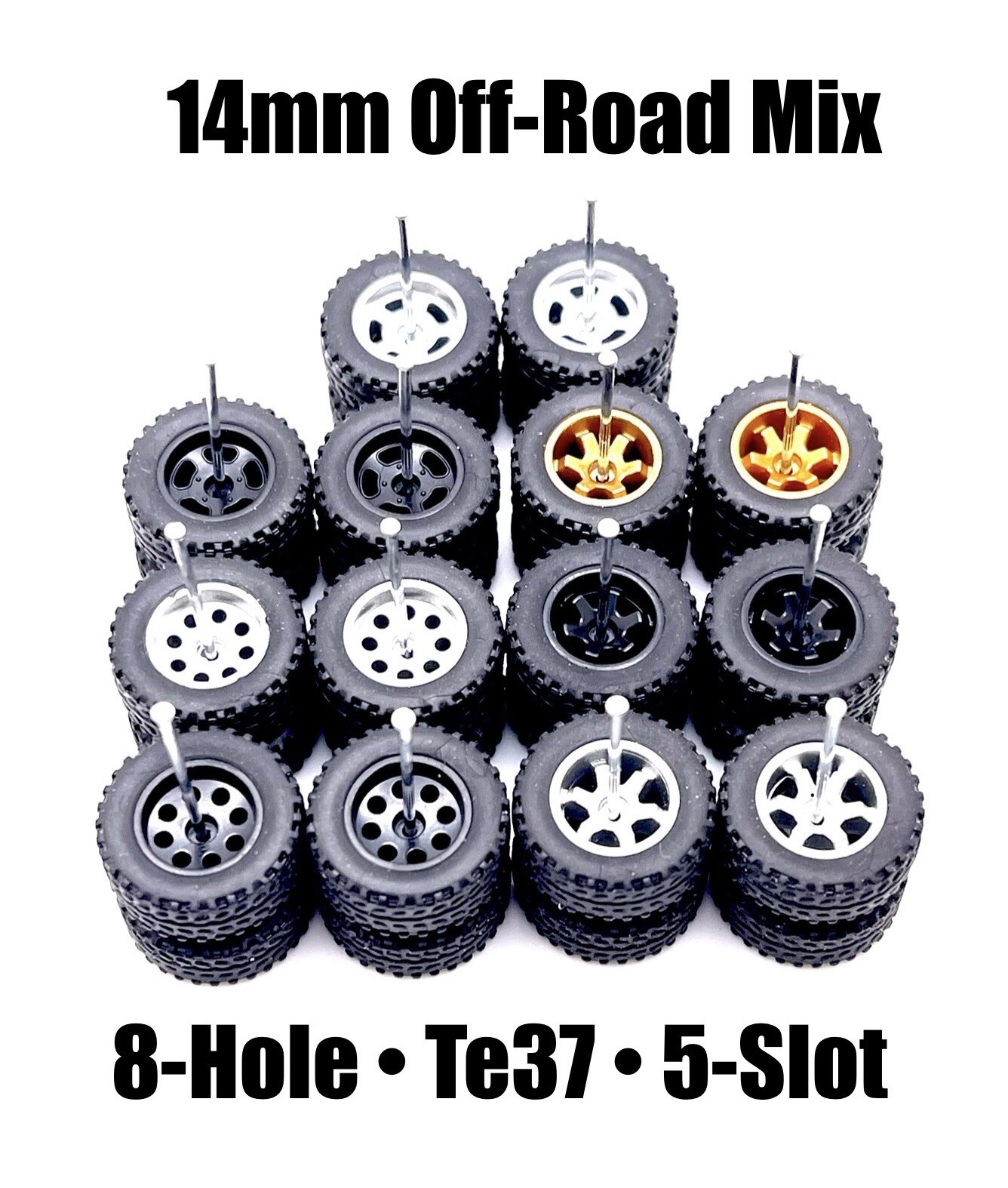 10x Sets Variety Pack 14mm OFF ROAD Real Rider Wheel W/ Rubber 1/64 H0T ...