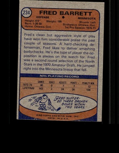 FRED BARRETT 1974 Topps Hockey #234 B1012R5S4P19 FREE SHIPPING | eBay