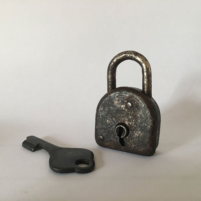 Old or antique iron padlock lock with key unusual shape small miniature ...