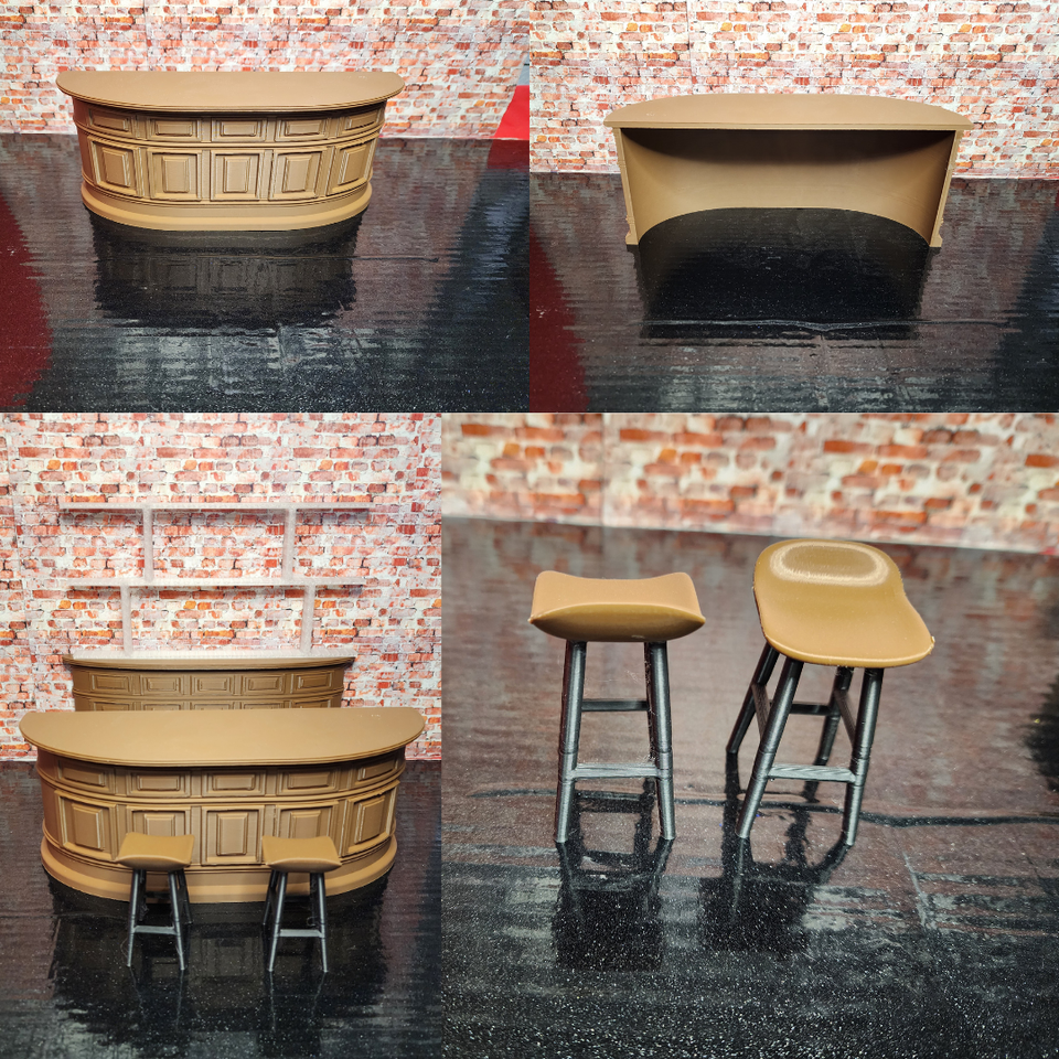1/12 SCALE BAR SET, With Back Bar and Bottle Rack and 2 Bar Stools, 3D ...