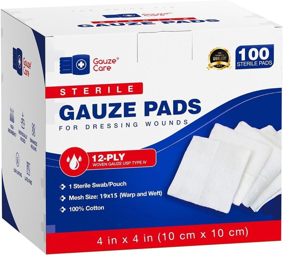 100pc Large Sterile Gauze Pads 4x4 Sterile for Wounds Bulk - 12ply ...